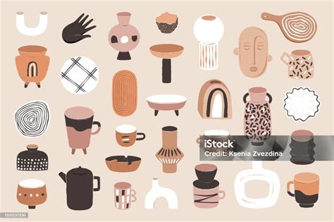 현대 도자기 스칸디나비아 스타일의 다양한 현대 세라믹 꽃병 그릇 실내 장식 장인 장식 점토 미니멀 한 식기 커피 머그잔 벡터 일러스트의 컬렉션 도자기에 대한 스톡 벡터 아트