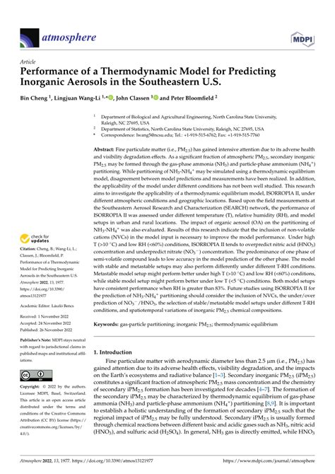 Pdf Performance Of A Thermodynamic Model For Predicting Inorganic Aerosols In The Southeastern
