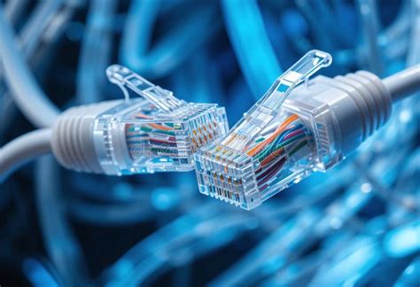 Close Up Of Two Ethernet Cables Connected Against A Backdrop Of Blurred Blue Cables Symbolizing