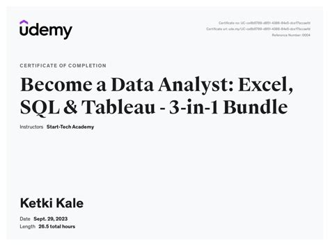 My Course Completion Certificate For Become A Data Analyst Excel Sql And Tableau 3 In 1