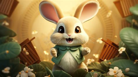 3d иллюстрированный кролик, прыгающий по шестиугольному подиуму ...