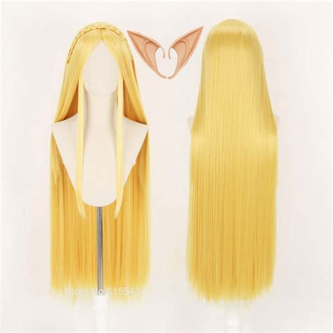 100cm 공주 젤다 코스프레 가발 긴 황금 금발 꼰 내열성 합성 머리 가발 가발 모자 귀 Aliexpress