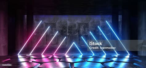 빈 육각형 타일 공상 과학 Fi 미래 콘크리트 홀 차고 지 하 방 네온 빛나는 레이저 활기찬 보라색 블루 라인 건설 형광 조명 가상 무대 댄스 반사 3d 렌더링 0명에 대한