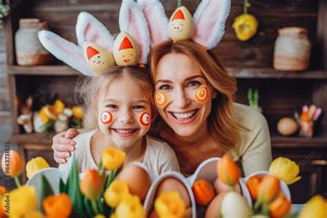 Excited Mother And Daughter Wearing Bunny Ears And Eater Makeup Mother