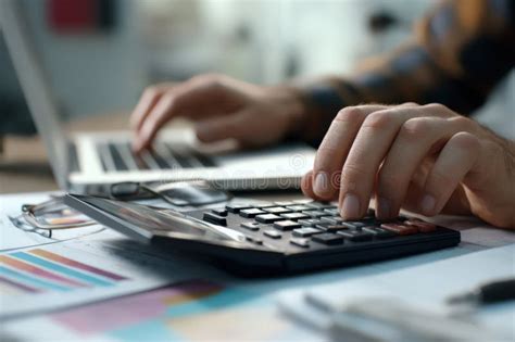 A Person Is Typing On A Laptop While Using A Calculator Stock Image