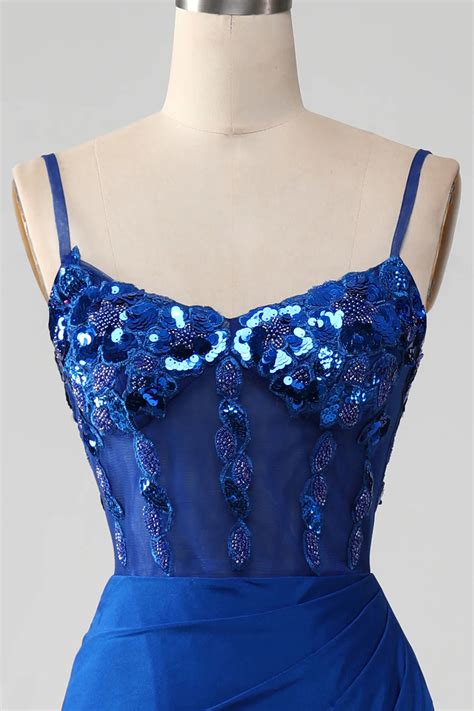 Beaded Royal Blue Corset Prom Dress With Slit Dingji Weddingdress