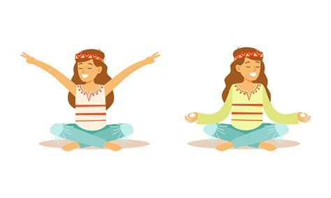 아름다운 히피 소녀 명상 에 연꽃 위치 세트 복고풍 옷 만화 벡터 일러스트를 입고 행복 한 젊은 여성 캐릭터 명상하기에 대한 스톡 벡터 아트 및 기타 이미지 Istock