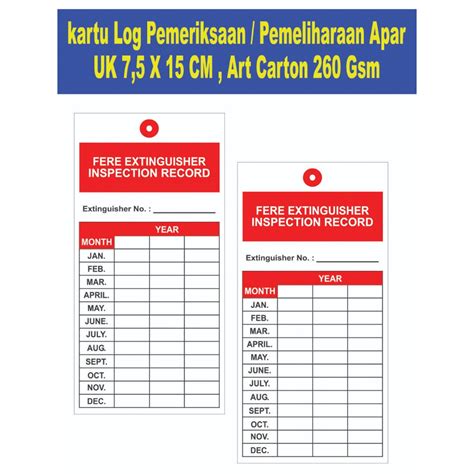 Jual Kartu Checklist Ceklis Log Pemeriksaan Pemeliharaan Apar Uk 7 5 X 15 Cm Shopee Indonesia