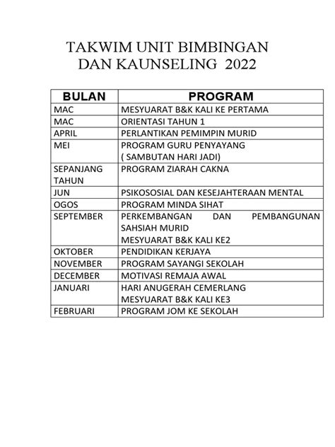 Takwim Unit Bimbingan Dan Kaunseling 2022 | PDF