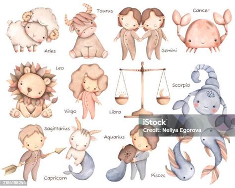 아기 양자리 황소자리 쌍둥이자리 암 사자자리 처녀자리 천칭자리 전갈자리 궁수자리 염소자리 물병자리 물고기자리와 함께 손으로 그린 조디악 수채화 세트 갈색에 대한 스톡 벡터