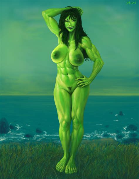 Rule 34 34 San Abs Armpits Breasts Female Green Hair Green Skin Large Breasts Long Hair Marvel