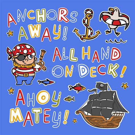 Pirate Sailboat And Hand Drawn Marine Commands Sticker Set Stock