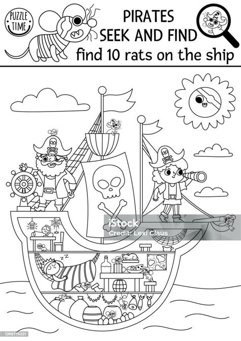 벡터 흑백 해적 검색 게임 그림에서 숨겨진 쥐를 발견하십시오 간단한 보물 섬은 아이들을위한 활동을 찾고 찾습니다 바다 모험 보물 사냥 색칠 공부 페이지 배에서 쥐 찾기 검은