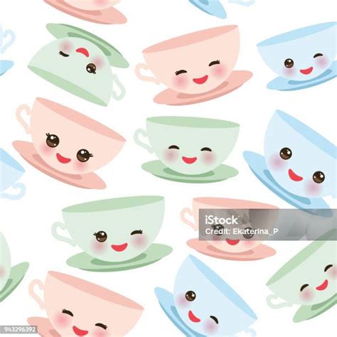 원활한 패턴 귀여운 블루 핑크 그린 카와 컵 커피 분홍색 뺨 및 윙크 눈 흰색 바탕에 파스텔 색상 벡터 건강한 식생활에 대한 스톡 벡터 아트 및 기타 이미지 Istock