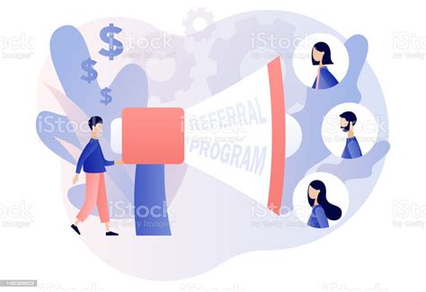 추천 프로그램 전략 친구 개념을 참조하십시오 소셜 미디어 마케팅 네트워크 마케팅 비즈니스 파트너십 현대 평면 만화 스타일입니다 흰색 배경에 벡터 그림 개념에 대한 스톡 벡터