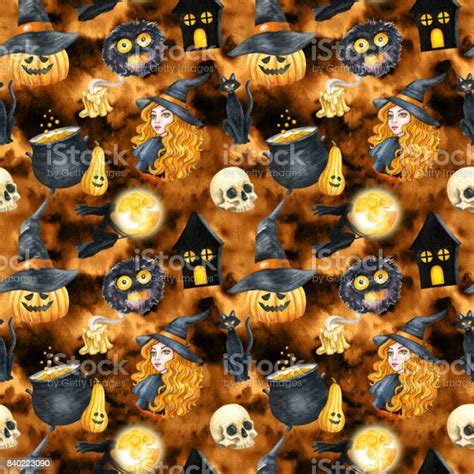 해피 할로윈 완벽 한 패턴 배경입니다 젊은 아름 다운 마녀 재미 있는 호박 유령 검은 고양이 괴물 수채화 그림 Dashain에 대한 스톡 벡터 아트 및 기타 이미지 Istock