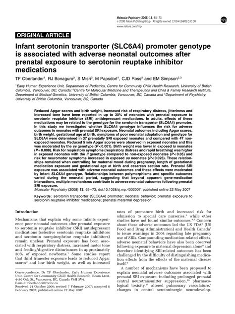 Pdf Infant Serotonin Transporter Slc6a4 Promoter Genotype Is Associated With Adverse