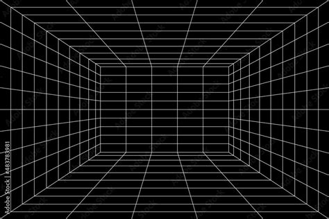 D Digital White Grid Of Black Room Space With One Point Perspective Empty Geometric Cyberspace