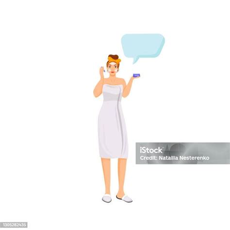 스킨케어 플랫 컬러 벡터 페이스리스 캐릭터 목욕 수건에 여자 소녀는 얼굴 크림을 적용합니다 웹 그래픽 디자인 및 애니메이션을
