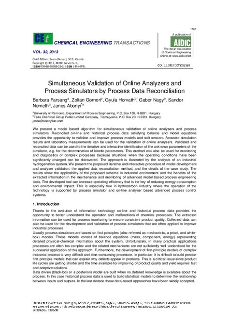 Pdf Simultaneous Validation Of Online Analyzers And Process Simulators By Process Data