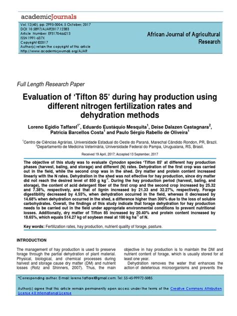 2017 Taffarel Et Al Evaluation of Tifton 85 During Hay Production Using Differente Nitrogen ...