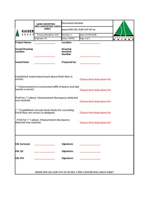 00121 Ksr Ckl Sur Cht 05 Rev 1 Pre Concreting Check Sheet Pdf