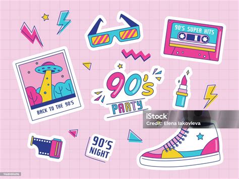 카세트 선글라스 운동화 사진 등이 있는 레트로 패치 배지 90 년대 파티 분홍색 배경에 벡터 그림입니다 스티커 핀 트렌디한 90년대 스타일의 패치 세트 1990 1999
