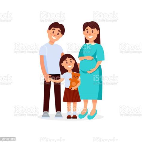 젊은 행복 한 가족 아버지 어머니와 딸의 초상화 임신 여자입니다 태어난 아기를 기대 하는 만화 사람들 테 디 베어를 손에 들고 작은 소녀 평면 벡터 디자인 귀여운에 대한