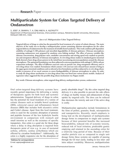 Pdf Multiparticulate System For Colon Targeted Delivery Of Ondansetron