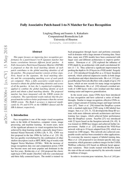 Pdf Fully Associative Patch Based 1 To N Matcher For Face Recognition