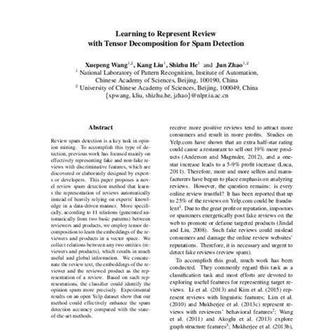 Learning To Represent Review With Tensor Decomposition For Spam Detection Acl Anthology