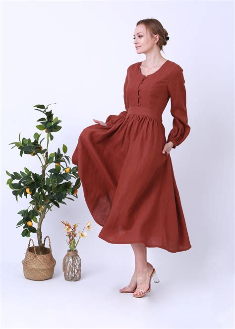 Rust Red Dress Linen Long Dress Long Sleeve Dress With Pockets Bridesmaid Dress Classic Linen
