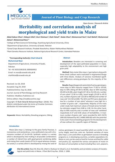 Pdf Heritability And Correlation Analysis Of Morphological And Yield Traits In Maize Of