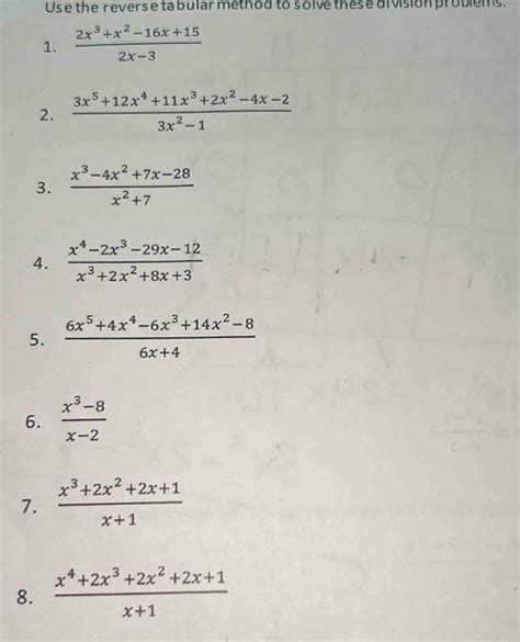 solved use the reverse tabular method to solve these division problems