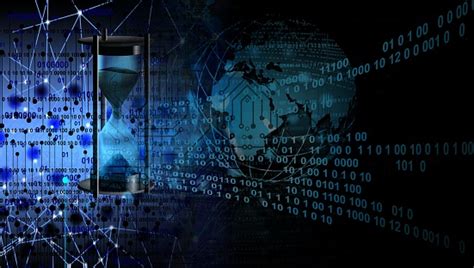 이진 코드가 있는 모래시계가 있는 추상 기술 배경의 3d 렌더링 0명에 대한 스톡 사진 및 기타 이미지 0명 3차원 형태