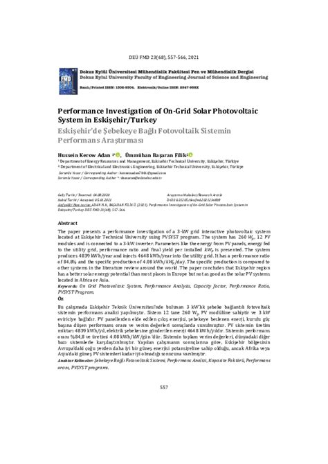 Pdf Performance Investigation Of On Grid Solar Photovoltaic System In Eskişehirturkey