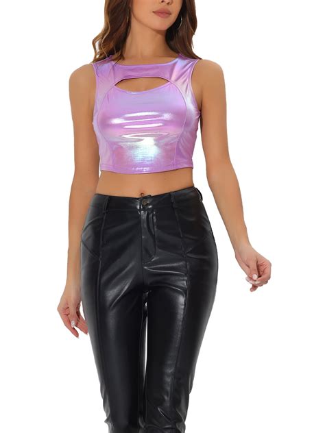 Allegra K Womens Shiny Metallic Crop Top Sleeveless Cut Out Clubwear Tank Tops S Light Purple