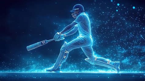 Digital Blue Low Poly Cricket Player With Glowing Data Streams AI In