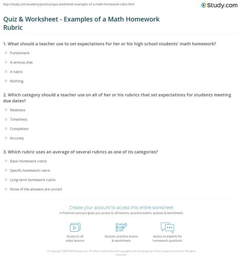 Quiz And Worksheet Examples Of A Math Homework Rubric