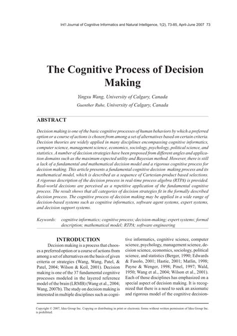 Pdf The Cognitive Process Of Decision Making