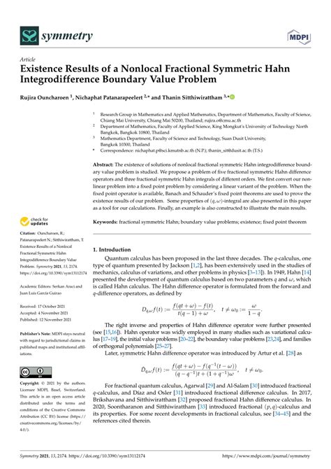 Pdf Existence Results Of A Nonlocal Fractional Symmetric Hahn Integrodifference Boundary Value