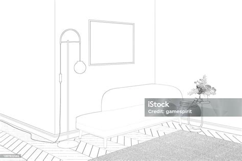 현대적인 소파 위에 수평 포스터가 있는 방의 스케치 화병에 꽃 커피 테이블에 책 바닥 램프 쪽모이 세공 바닥에 카펫이 있습니다 0명에 대한 스톡 사진 및 기타 이미지