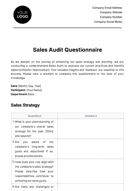 Free Sales Audit Questionnaire Template To Edit Online