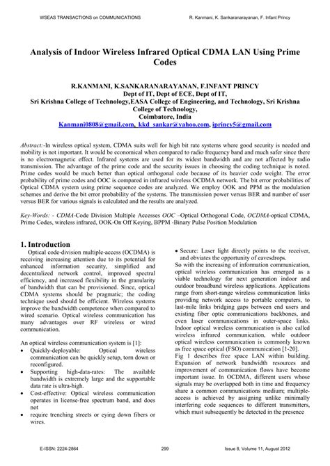 Pdf Analysis Of Indoor Wireless Infrared Optical Cdma Lan Using Prime