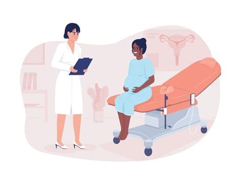 임산부와 산부인과 의사 2d 벡터 격리 된 그림 프리미엄 벡터