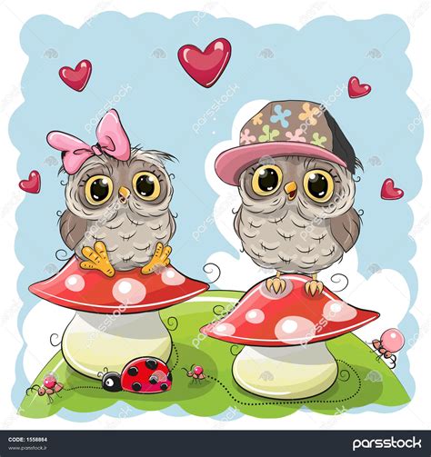 دو جغد کارتونی ناز روی قارچ ها نشسته اند 1558864