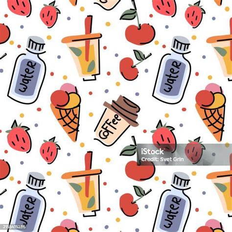 물 음료 과일의 세련된 삽화가 있는 귀여운 작은 스티커 패턴 세련되고 아늑한 요소가 있는 완벽한 배경 직물 및 종이에 인쇄하는 데 이상적입니다 카페 장식 복고풍에 대한 스톡