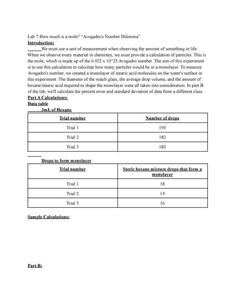 Lab 7 Chem 106 Lab Lab 7 How Much Is A Mole Avogadro S Number Dilemma Introduction We