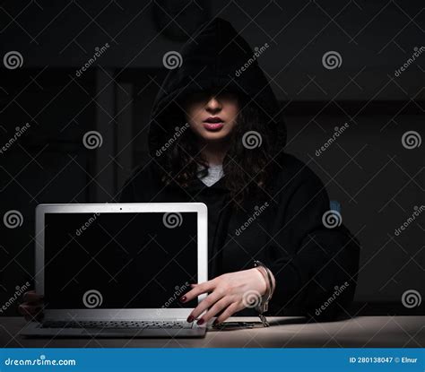 Female Hacker Hacking Security Firewall Late In Office Stock Image Image Of Internet Female