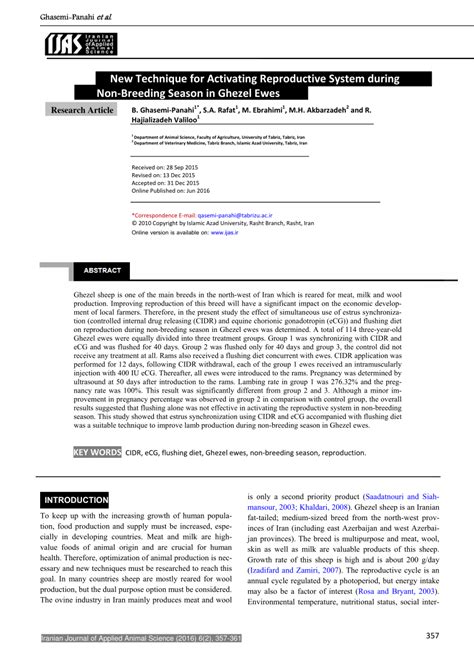 Pdf New Technique For Activating Reproductive System During Non Breeding Season In Ghezel Ewes